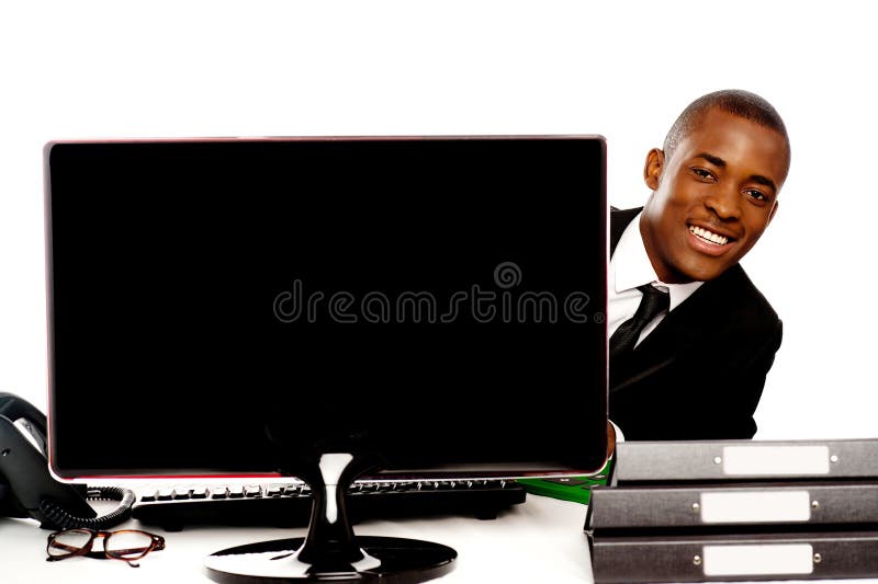 Businessman Peeping from Behind Lcd Monitor Stock Photo - Image of ...