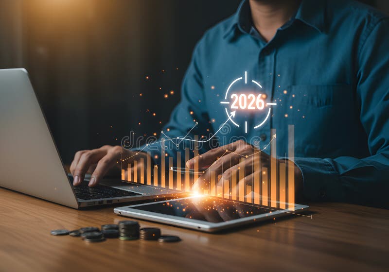 Businessman Planning 2026 Financial Goals Using Laptop and Tablet with ...