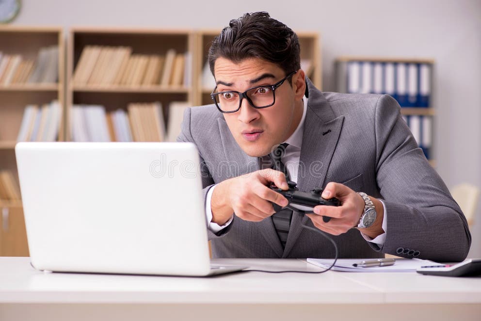 The Businessman Playing Computer Games at Work Office Stock Image ...
