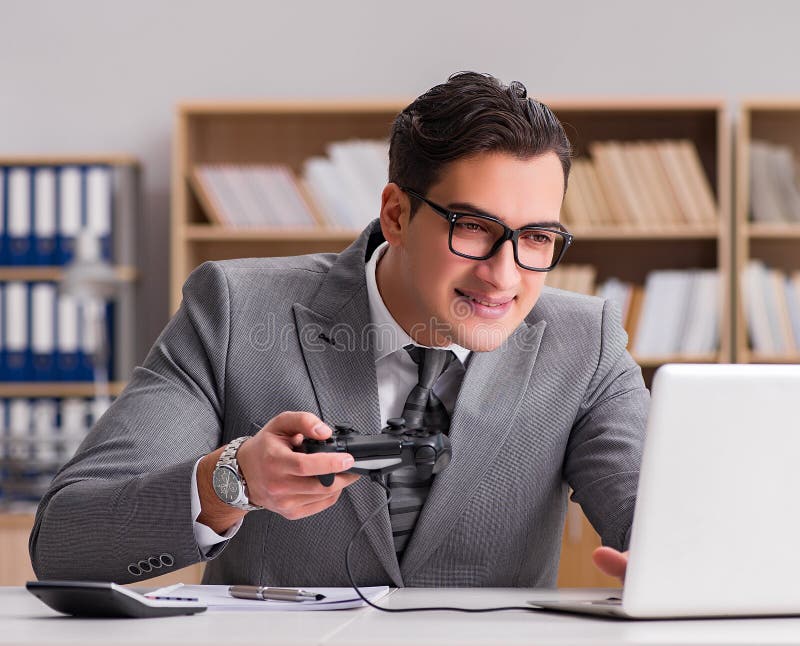 Businessman Playing Computer Games at Work Office Stock Image - Image ...
