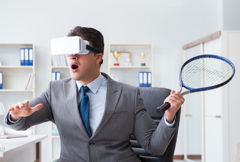 Businessman Playing Virtual Reality Tennis in Office with VR Gog Stock ...