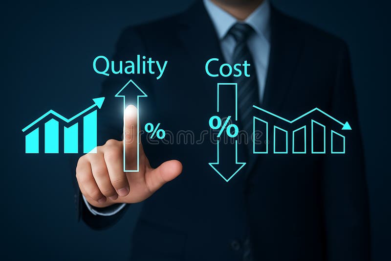 Businessman Interacting with Digital Interface Showing Quality and Cost Graphs with Arrows ...