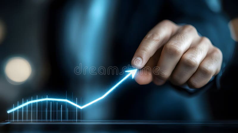 Businessman Pointing at Digital Rising Graph Symbolizing Growth Success ... Businessman Pointing at Digital Rising Graph Symbolizing Growth Success ...