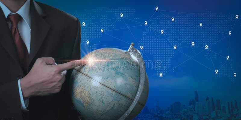 Businessman Pointing Globe Model with Copy Space for Your Text Message ...