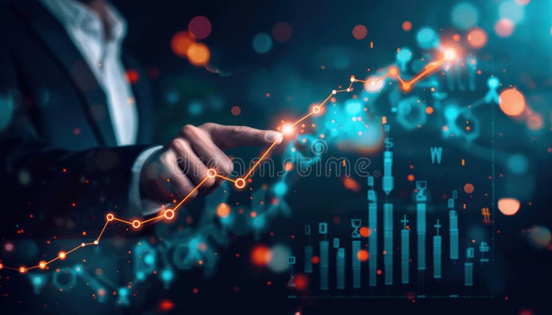 Businessman Pointing at Growth Chart with Futuristic Data Visualization ...