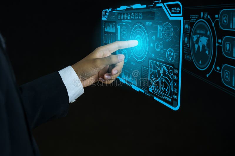 Businessman Pointing His Finger at Technology Icon Stock Image - Image ...