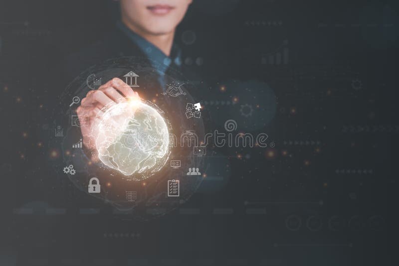 Businessman Pointing with a Pen at Virtual Icons,cyberspace Network ...