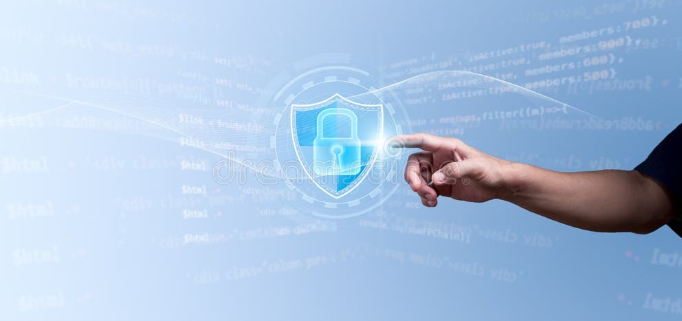 A Businessman Pointing To the Globe with a Shield and a Padlock on a ...