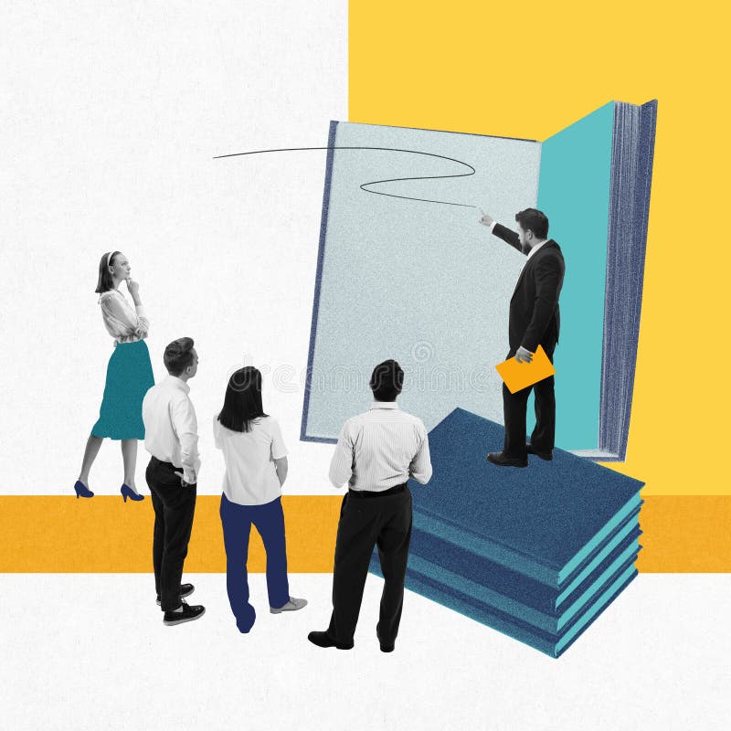 Businessman Pointing To Large Open Book with Group of People Engaged in ...