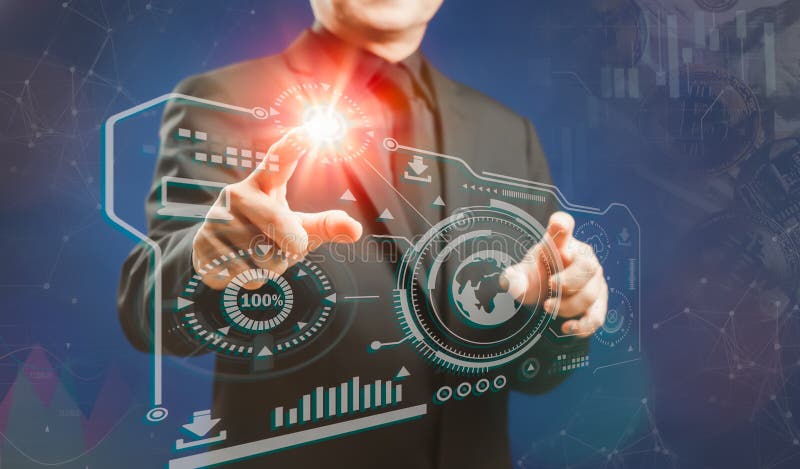 Businessman Pointing To Start a Modern Computer Virtual Screen ...