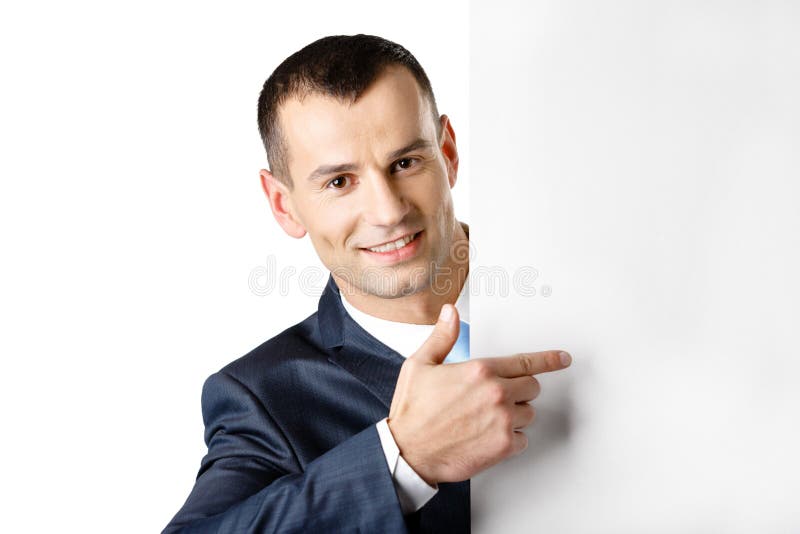 Business Man Points at Paper Copy Space Stock Photo - Image of copy ...