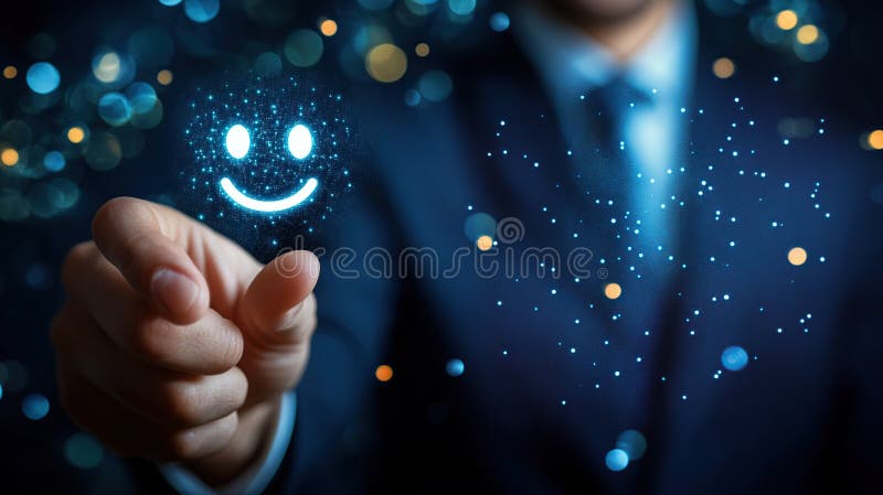 Businessman Points To a Digital Smiley Face, Glowing Particles ...