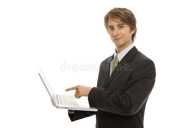 Businessman Points To Laptop Stock Photo - Image of notice, computer ...