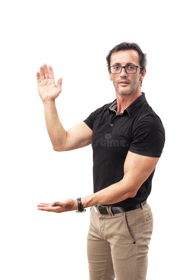 A Businessman Points To Something Interesting on a White Background ...
