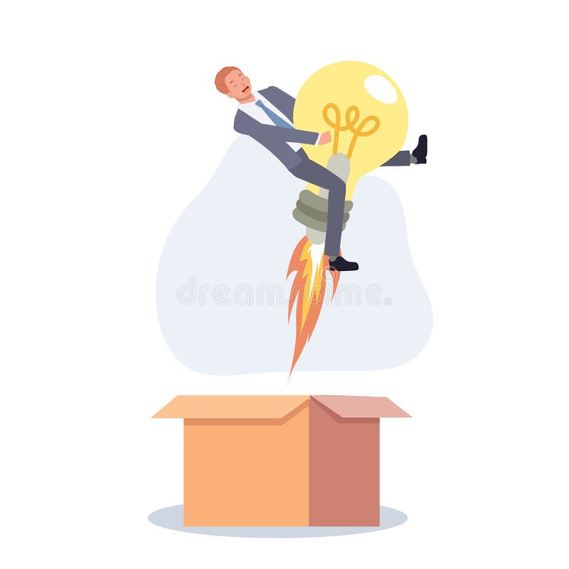Businessman Pop Out from Box with Rocket Lightbulb.Think Outside the ...