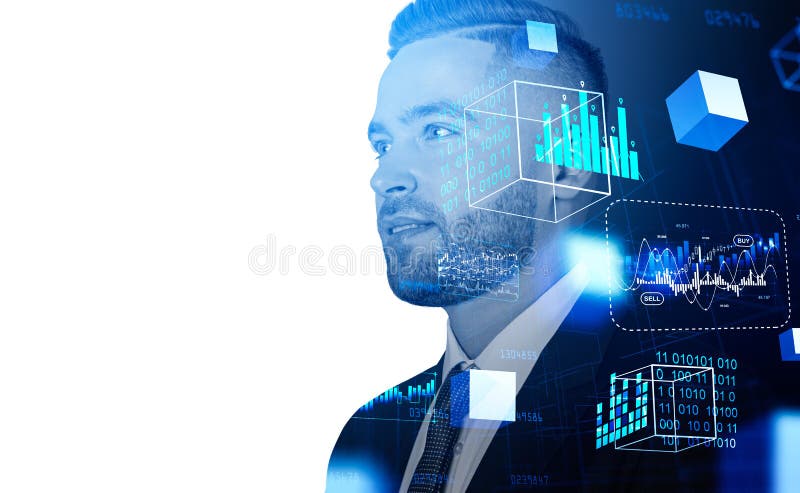 Businessman Portrait with Data Blocks in Cyberspace and Blockchain ...