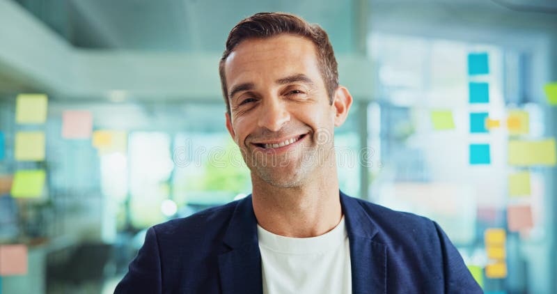 Businessman, Portrait and Glass Wall with Smile, Notes and Problem ...