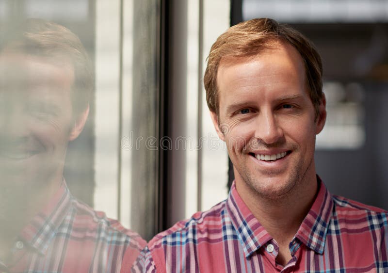 Businessman, Portrait and Window in Office with Reflection for Design ...