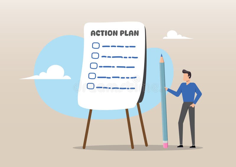 Businessman Present Action Plan with Checklist Step on Whiteboard Stock ...