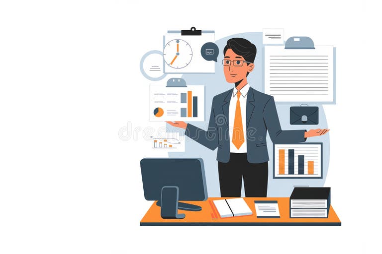 Businessman Presenting Analytics Data Using Computer and Many Charts ...