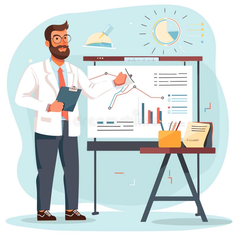 Businessman Presenting Business Data on a Whiteboard with Charts and Graphs Stock Illustration ...