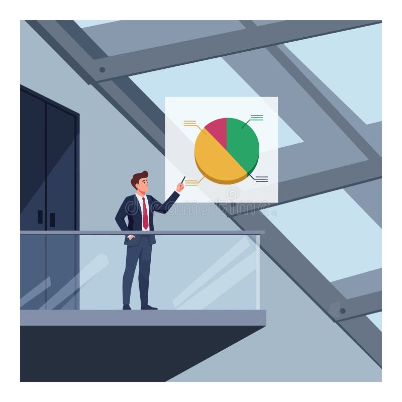 Businessman Presenting Colorful Pie Chart in Modern Office Flat Design ...