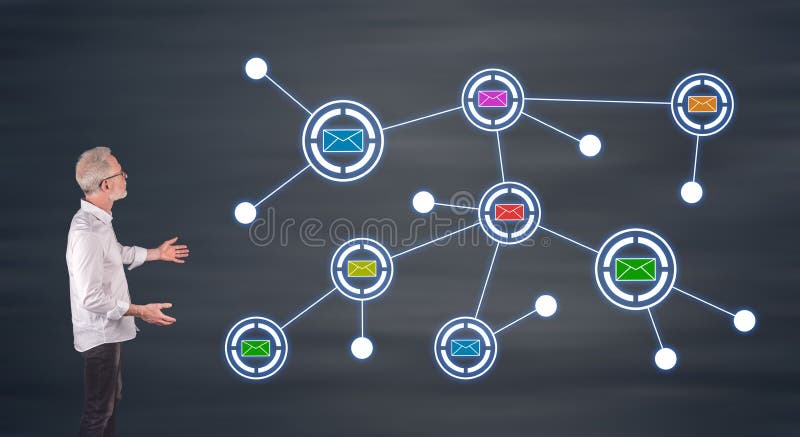 Businessman Presenting a Communication Network on a Wall Screen Stock ...