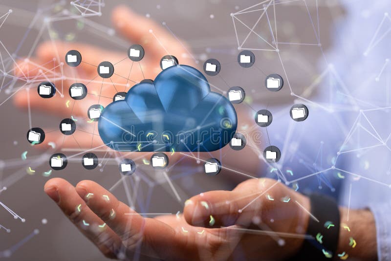 Businessman Presenting the 3D Rendered Blue Cloud in Cyberspace Network ...