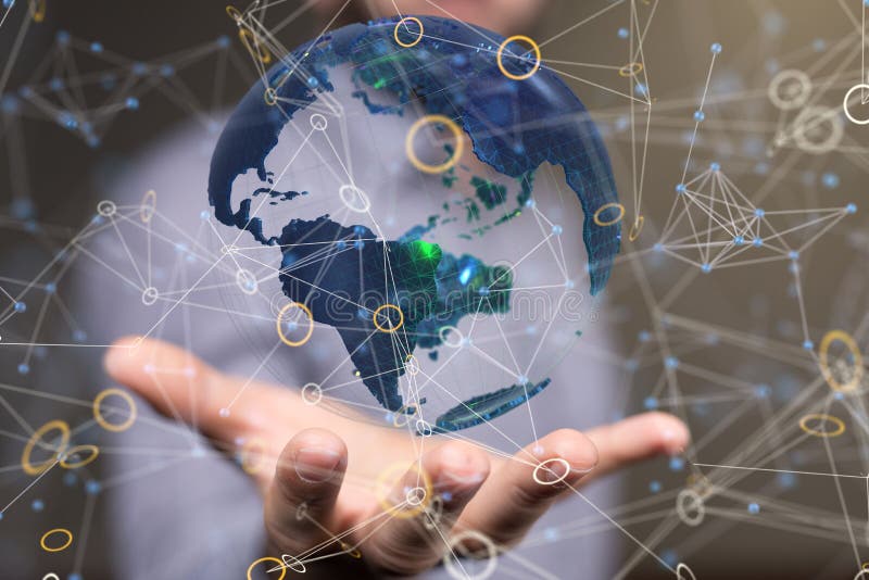 Businessman Presenting the 3D Rendered Globe in a Cyberspace Network ...