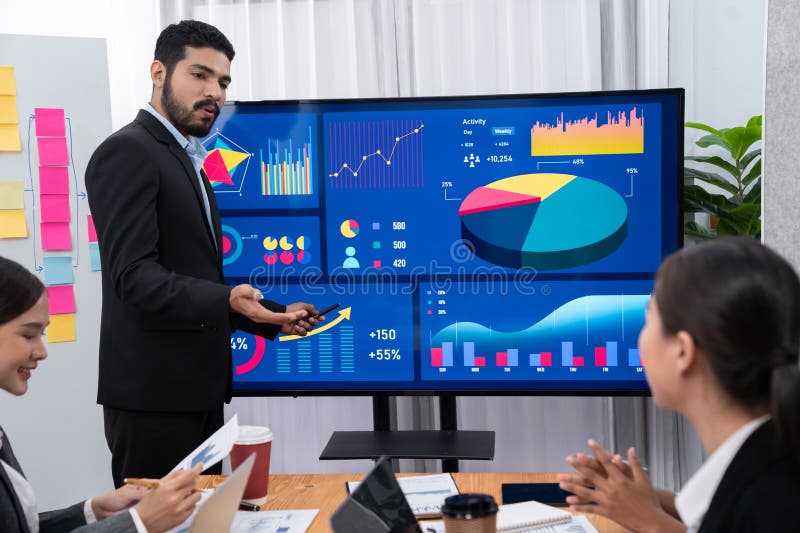 Businessman Presenting Data Analysis Dashboard on TV at Meeting Room ... Businessman Presenting Data Analysis Dashboard on TV at Meeting Room ...