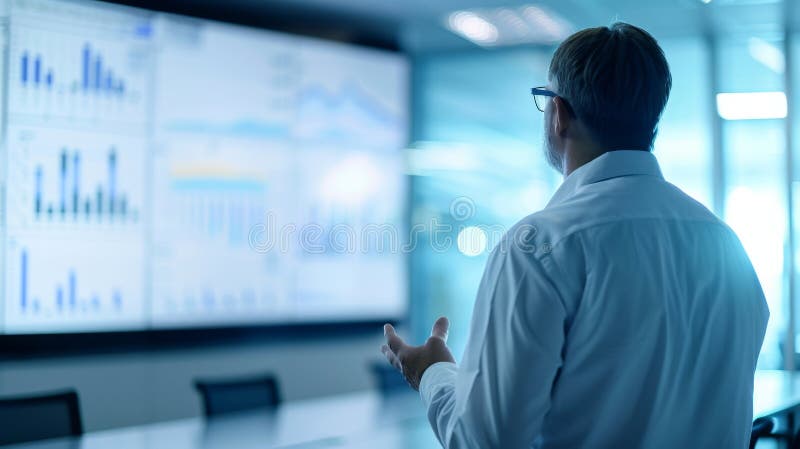 Businessman Presenting Data Analysis on Large Screen in a Modern Office ...