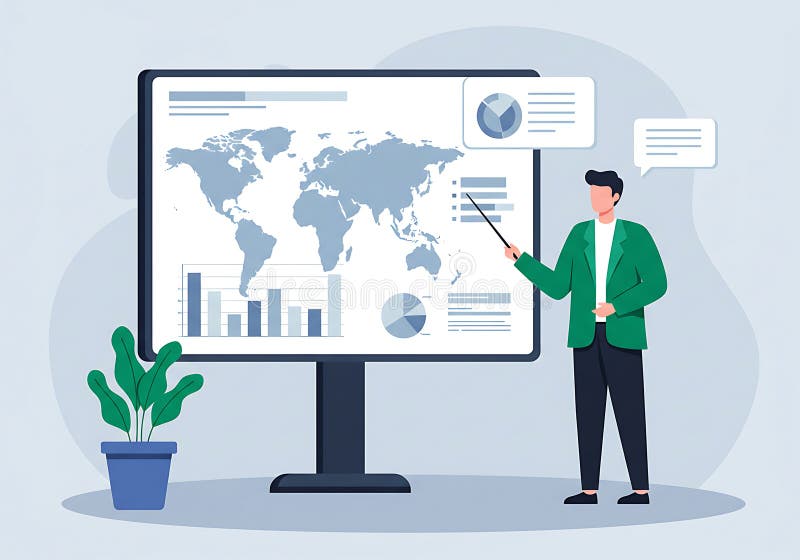 Businessman Presenting Data on World Map for Market Growth Stock ...