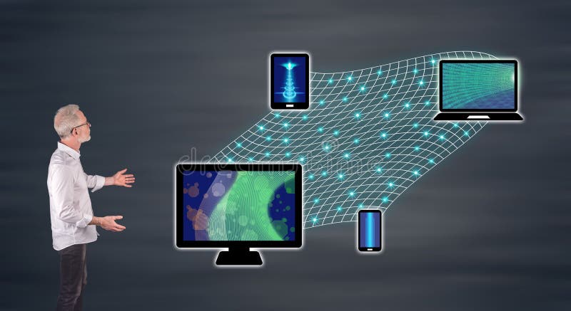 Businessman Presenting a Device Connection Concept on a Wall Screen ...