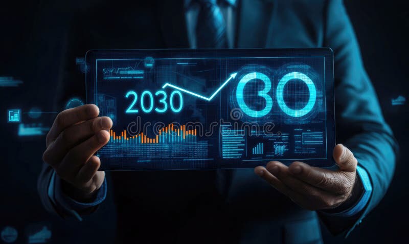 Businessman Presenting Futuristic 2030 Vision with Growth Stock ...