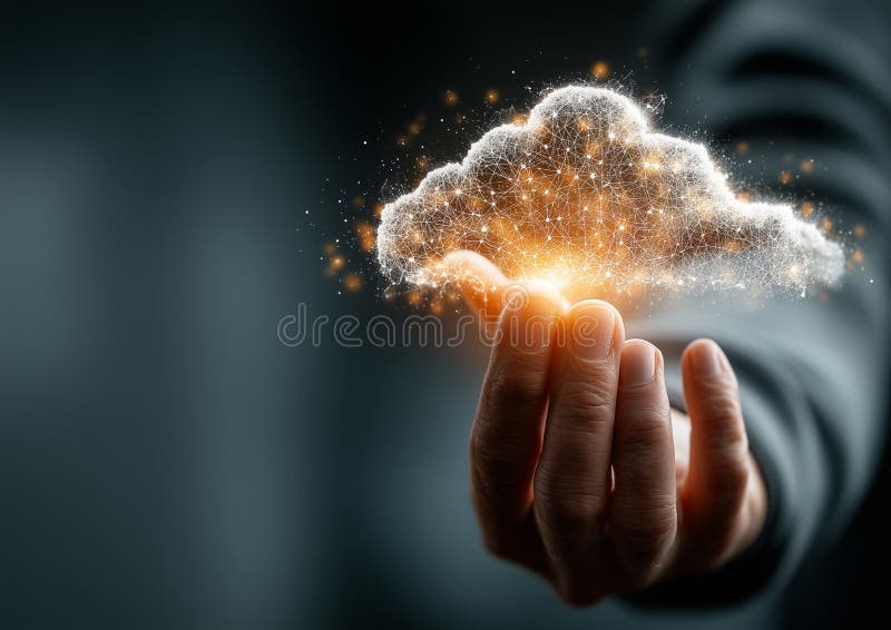 Close Up of Businessman Holding Glowing Cloud Computing Symbol in Hand ...