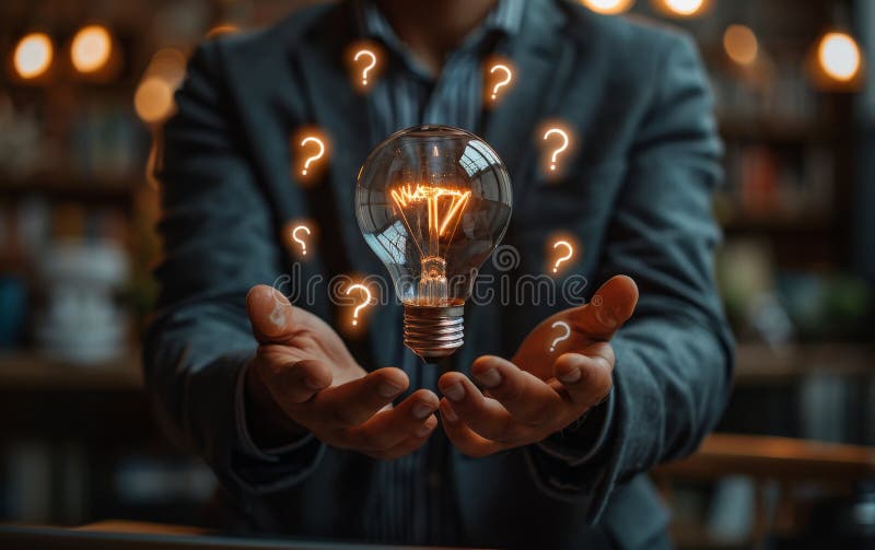 Businessman Presenting Innovative Light Bulb with Question Marks Stock ...
