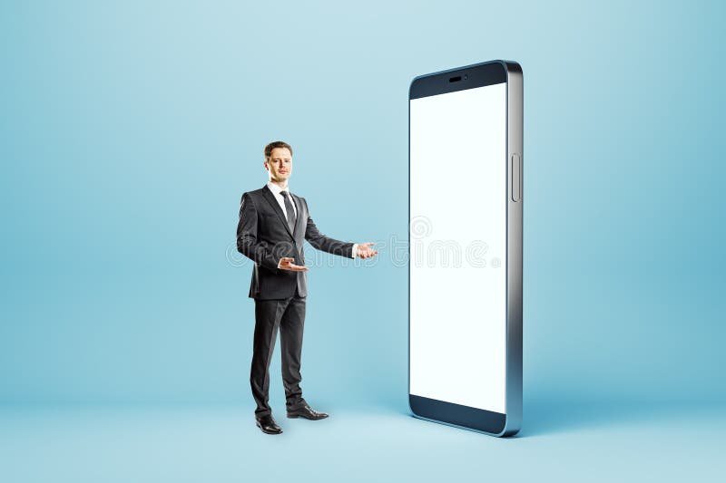 Businessman Presenting App for Cellphone, Mockup Stock Image - Image of ...
