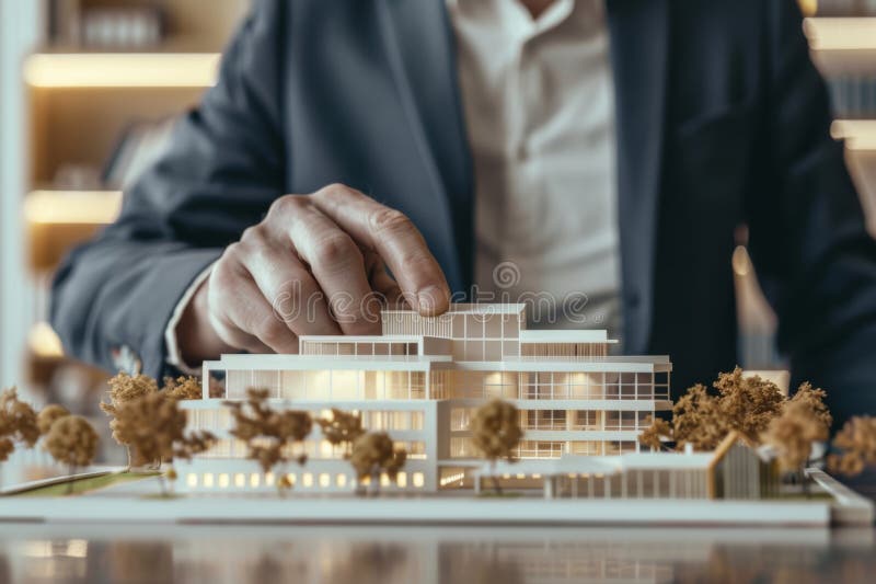 Businessman Presenting New Real Estate Office Complex Scale Model for ...