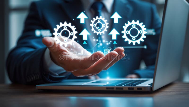 Businessman Presenting Technology and Development Gears and Arrows with ...