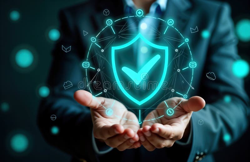 Businessman Presenting Virtual Shield with Checkmark. Digital Security ...