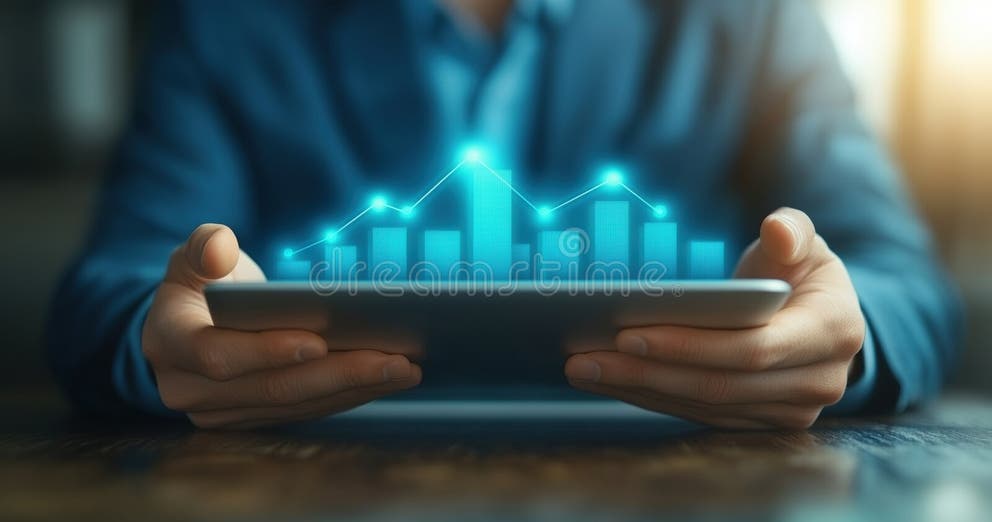 Businessman Presents Glowing Growth Chart Arrow while Analyzing ...