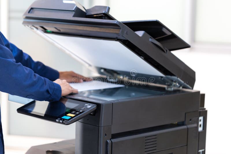 Businessman Press Button on Panel of Printer Photocopier Network ...