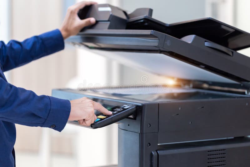Businessman Press Button on Panel of Printer Photocopier Network ...