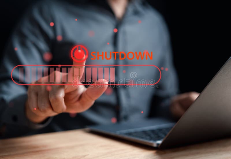 Businessman Press Shutdown Button on Virtual Screen. Shut Down Digital ...