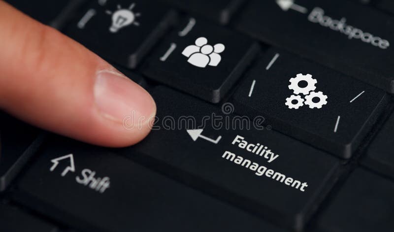 Businessman Presses Button Facility Management on Virtual Screens ...