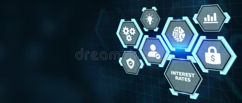 Businessman Presses Button Interest Rates on Virtual Screens. Business ...