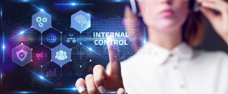 Businessman Presses Button Internal Control on Virtual Screens ...