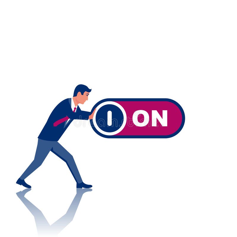 Businessman Presses a Button. Project Start. Open Progress. Vector Flat ...