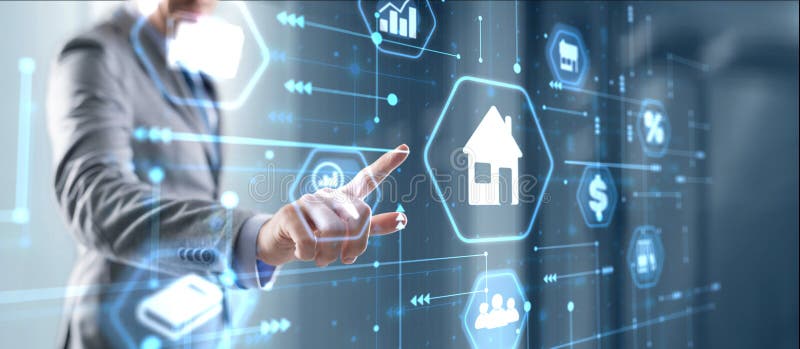 Businessman Presses a Button Smart Home Automation Control System ...