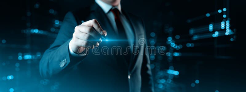 The Businessman Presses a Button on the Virtual Screen. a Man Pointing ...